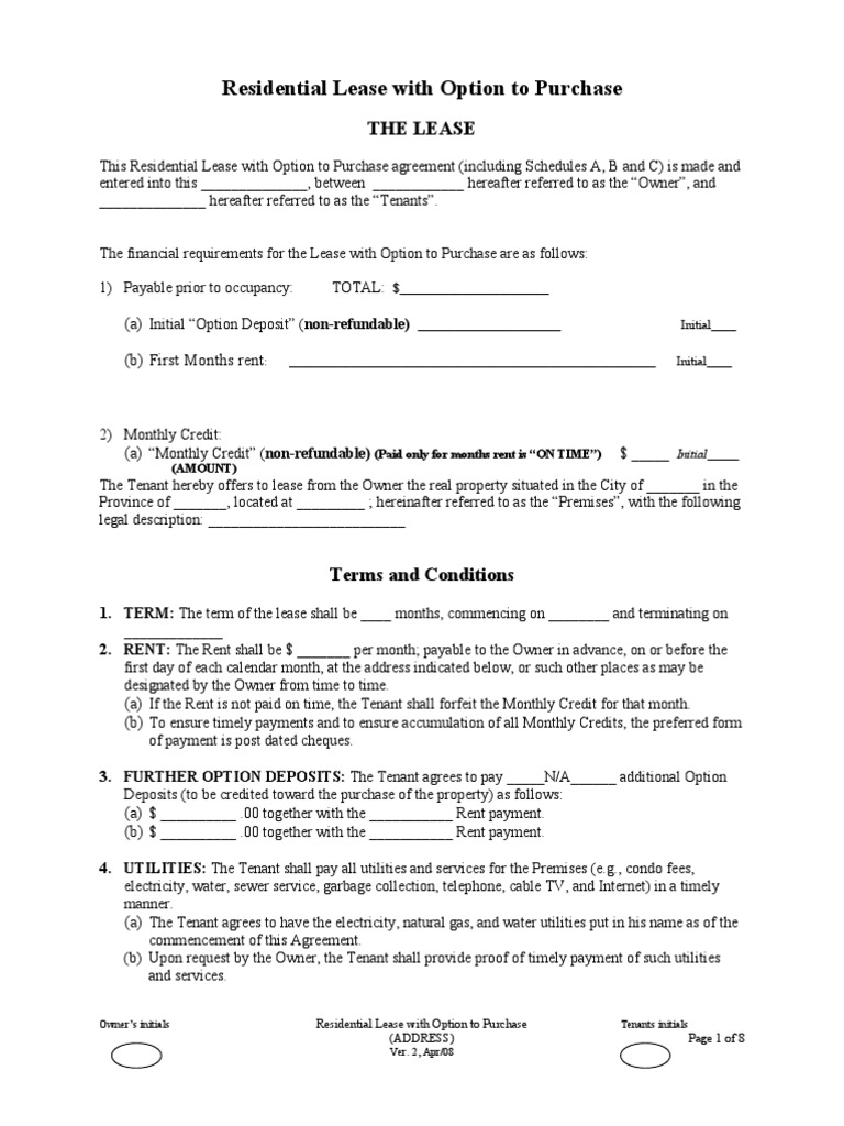 Lease Option Agreement Example