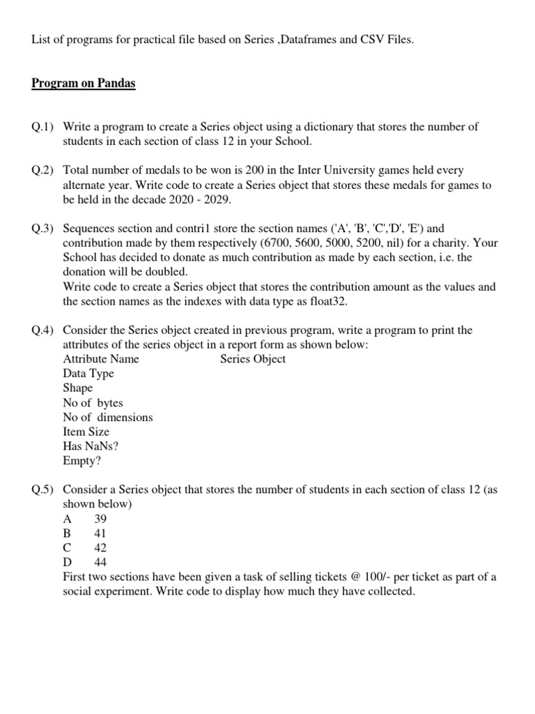Practical Problems on Pandas Series and DataFrames for File-Based Data Analysis | PDF ...