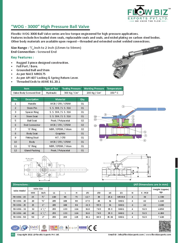 FlowBiz "WOG - 3000" High Pressure Ball Valve | PDF | Valve ...