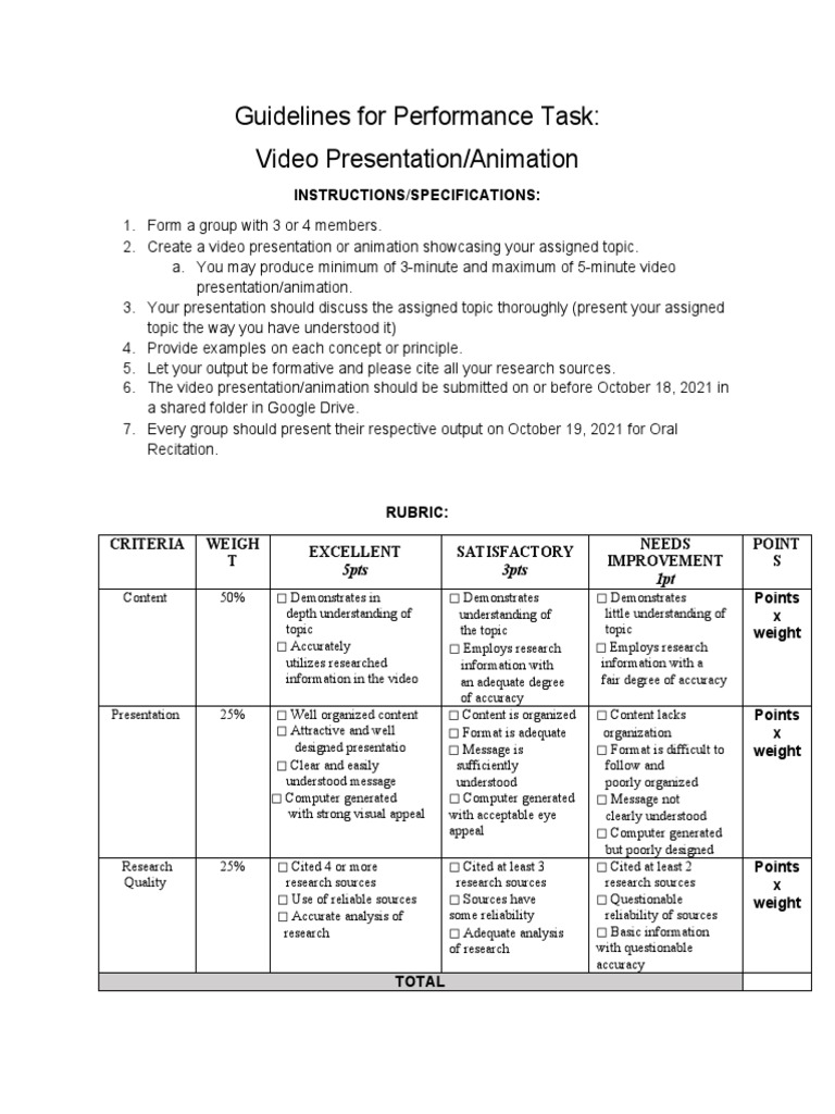 Guidelines For Performance Task: Video Presentation/Animation | PDF ...
