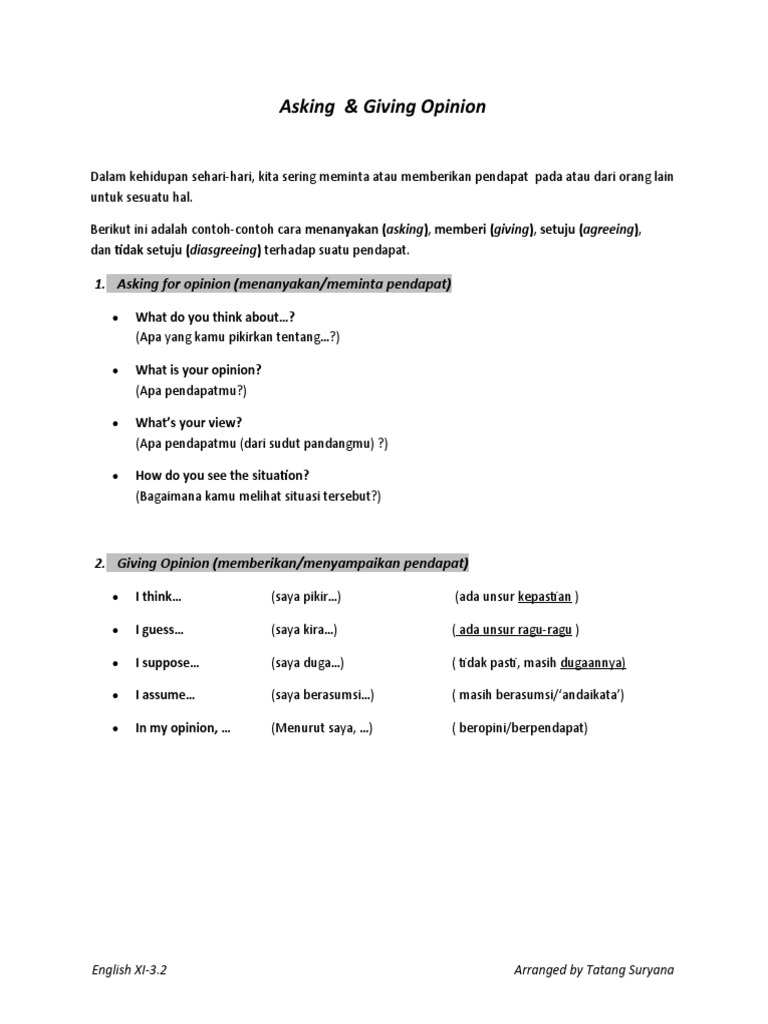 Materi Asking And Giving Opinion Xi 3 2 Pdf Seni Disiplin Bahasa