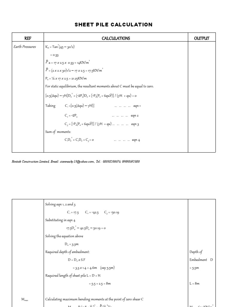 Sheet Pile Calculation REF Calculations Output | PDF | Economic Sectors ...