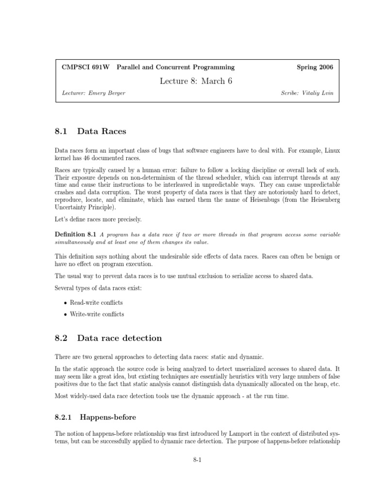 Cmpsci 691w Parallel And Concurrent Programming Lecture On Data Races And Detection Methods