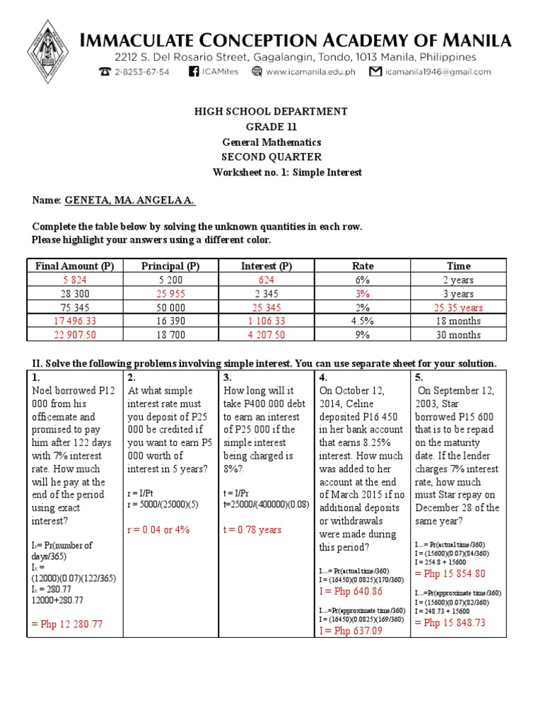 Worksheet No.1 GenMath | PDF | Interest | Loans