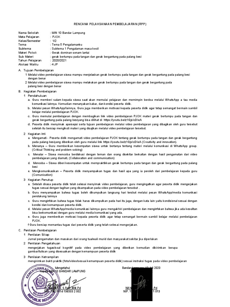 RPP DARING PJOK Kelas 1 Semester 2 1-Dikonversi | PDF