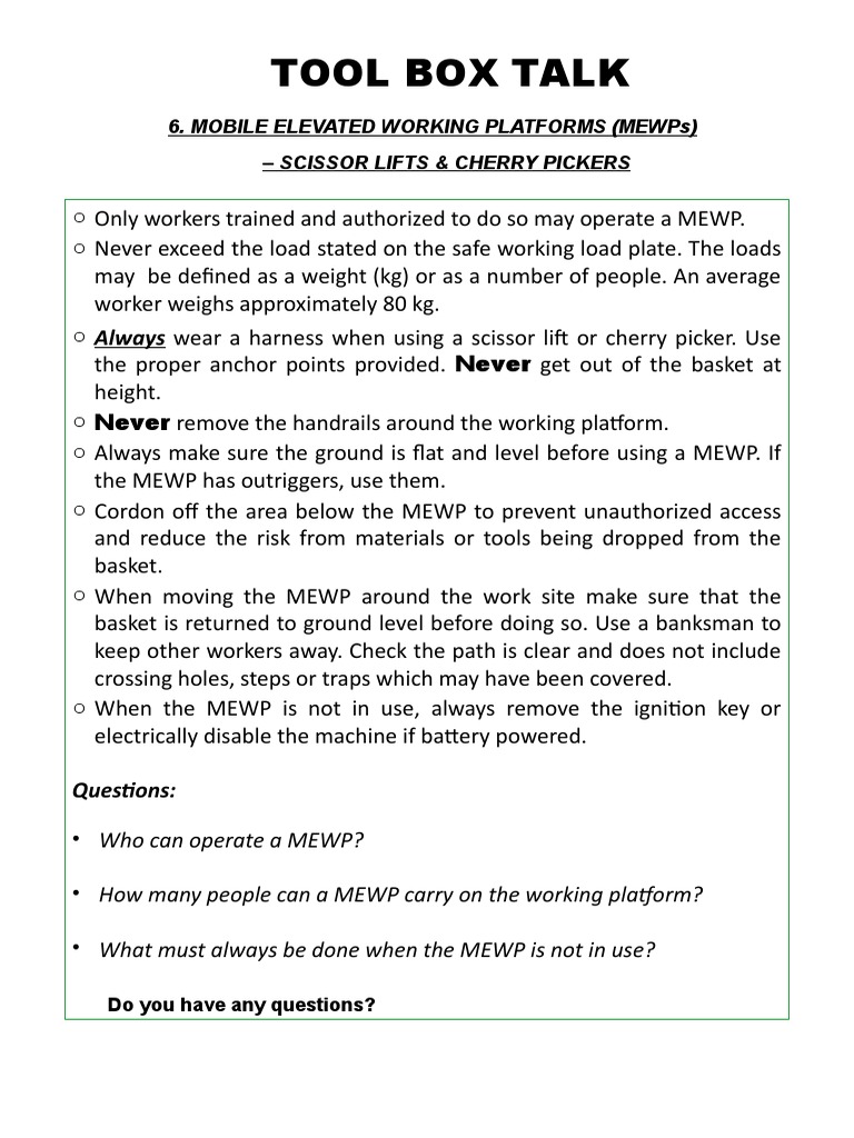 MEWP Safety Guidelines and Procedures | PDF | Home & Garden ...