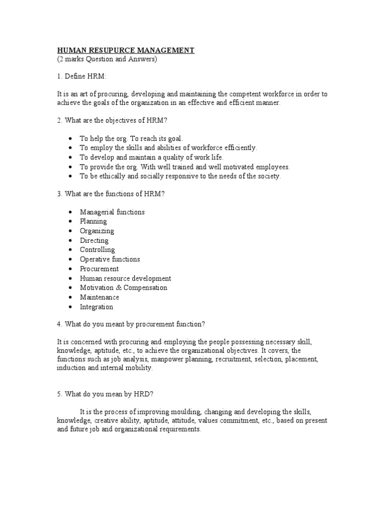 HRM 2 Marks Questions and Answers | PDF | Human Resource Management ...