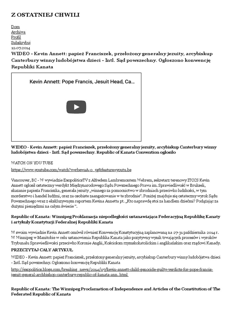 Kevin Annett - Papież Wyrok Za Chandel Dziećmi I Pedofilie | PDF