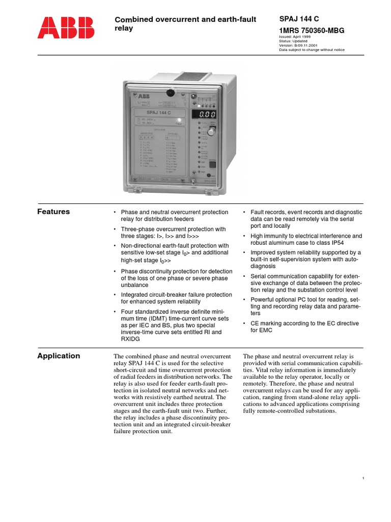 Combined Overcurrent and Earth-Fault Relay: 1MRS 750360-MBG Spaj 144 C ...