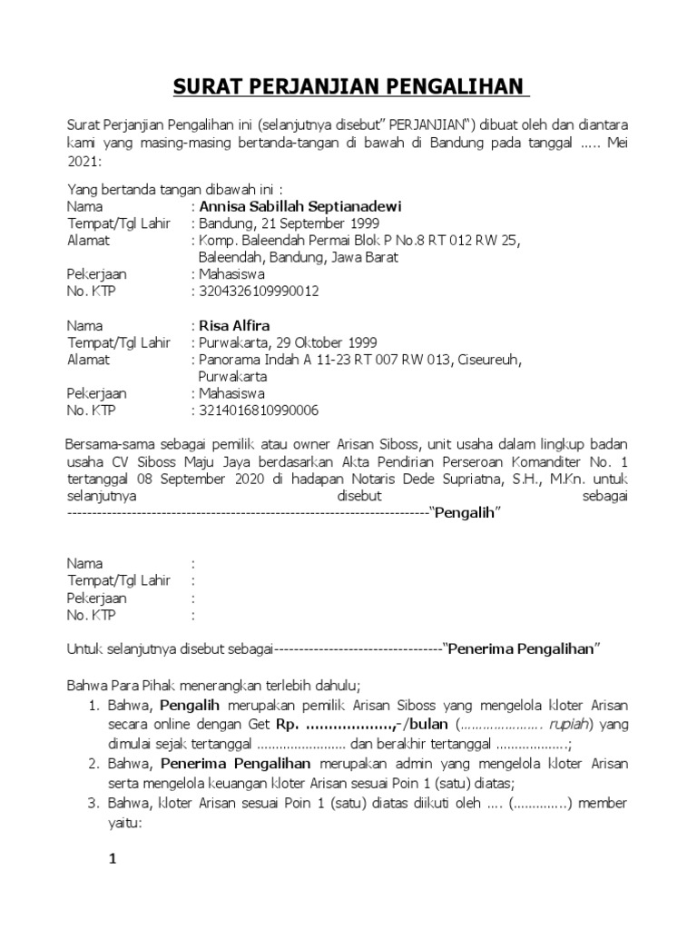 Format Surat Perjanjian Pengalihan | PDF