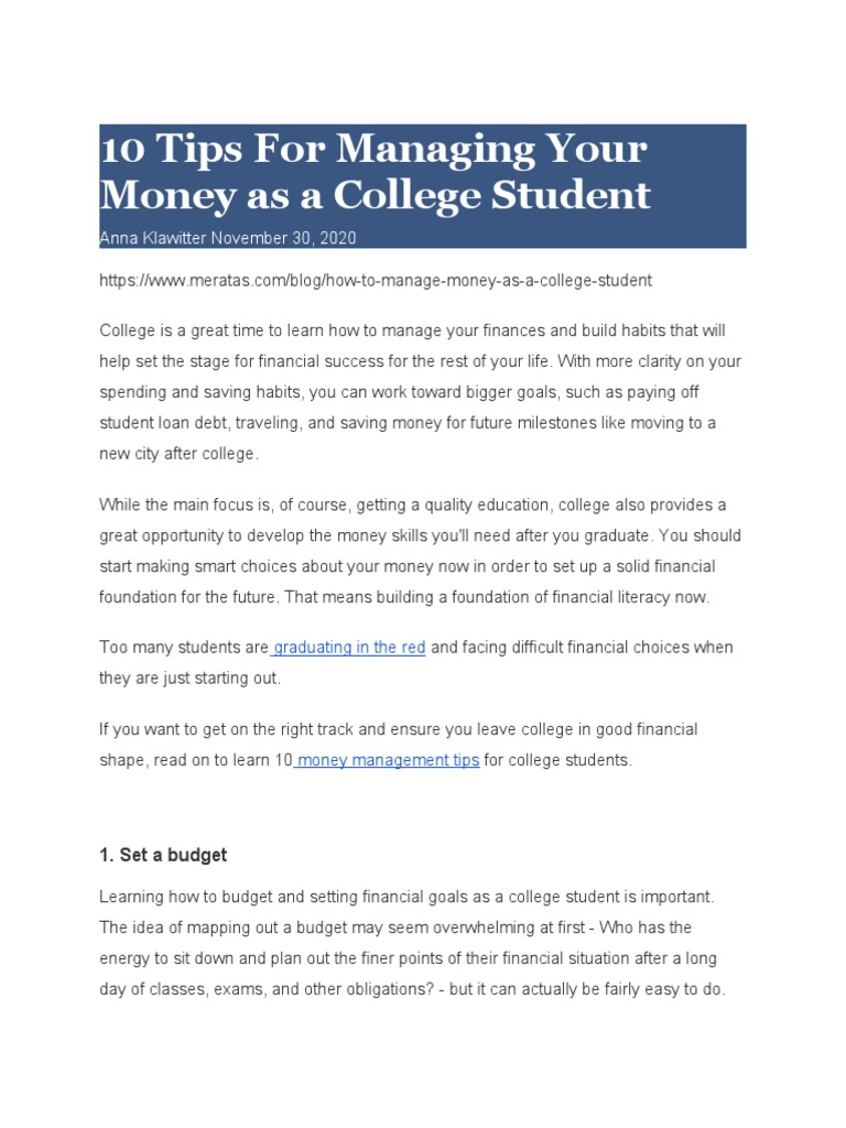 Lesson 4 10 Tips For Managing Your Money As A College Student | PDF ...