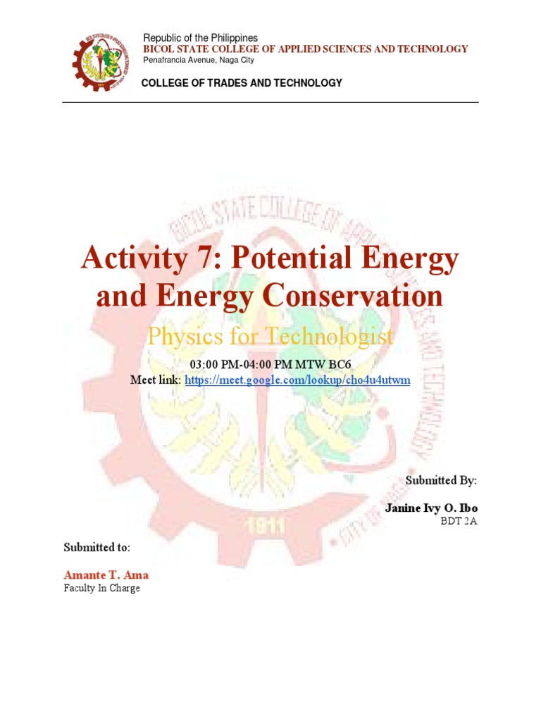 Activity 7: Potential Energy and Energy Conservation: Physics For ...