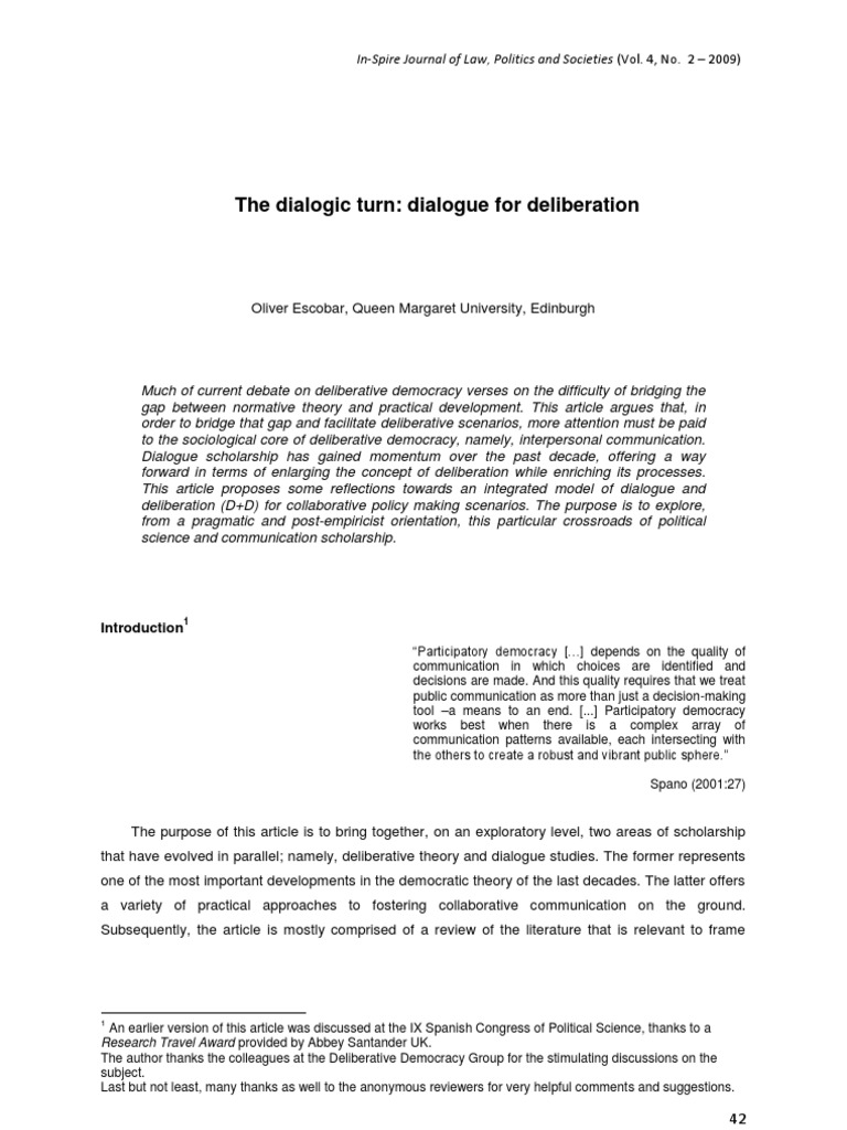 The Dialogic Turn. Oliver Escobar | PDF | Dialogue | Deliberation