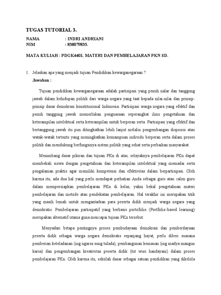 Tugas Tutorial 3. Materi Dan Pembelajaran PKN SD. | PDF | Sains & Matematika
