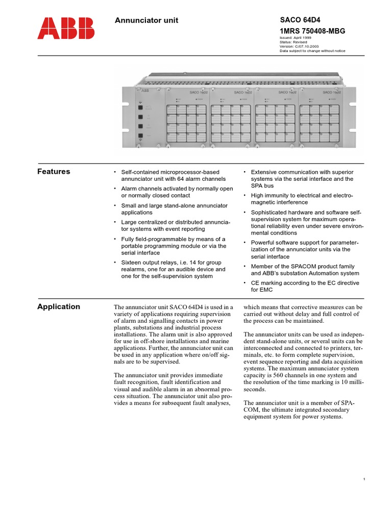 Annunciator Unit: 1MRS 750408-MBG SACO 64D4 | PDF | Relay | Power Supply