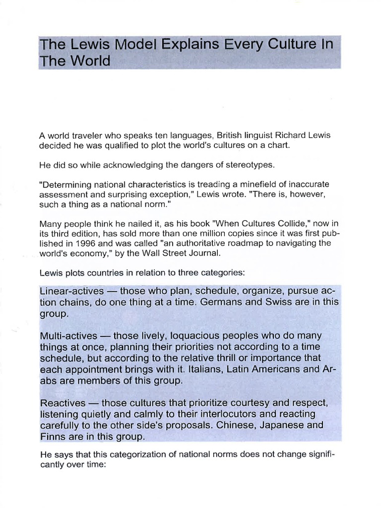 The Lewis Model Explains The: Every Culture World | PDF | Cultural ...