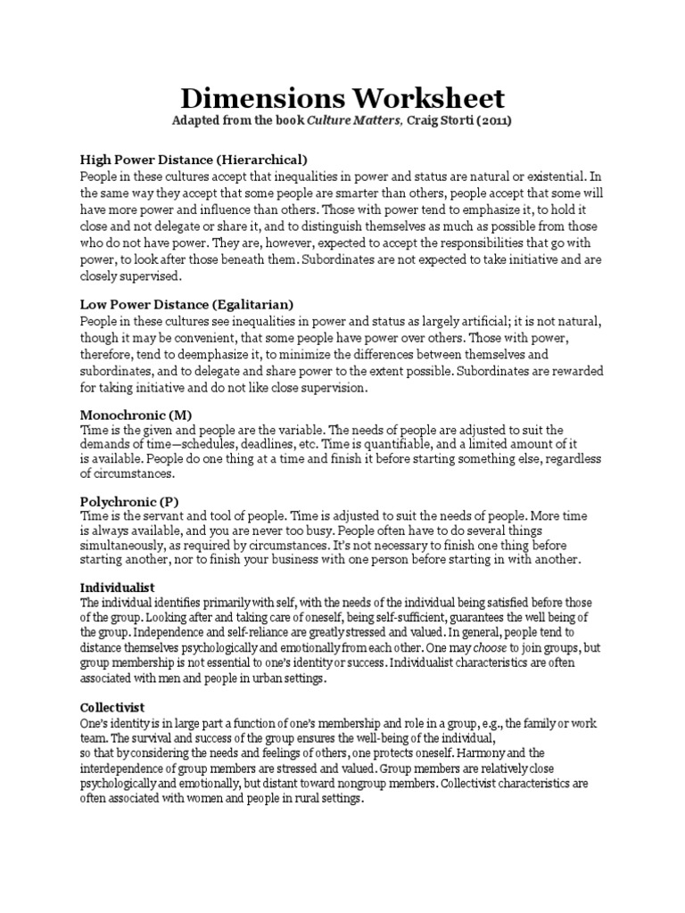 Dimensions Worksheet | PDF | Individualism | Collectivism