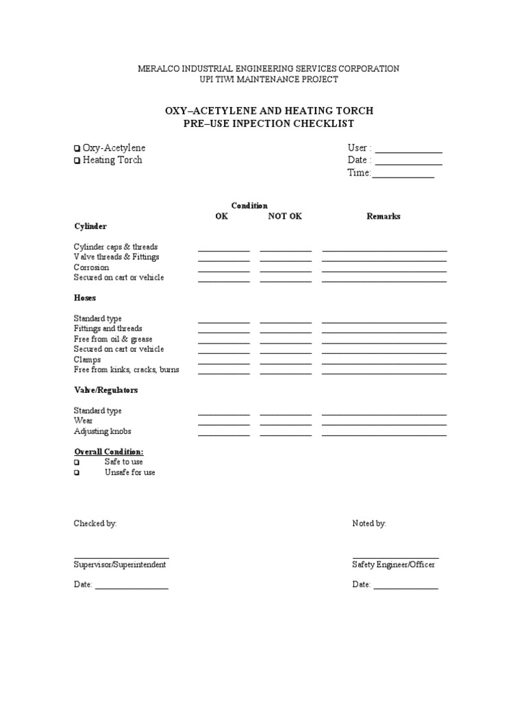 Oxy-Ace & Heating Torch Pre-Use Inspection Form | PDF