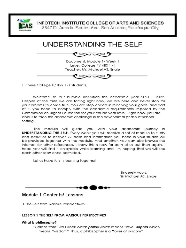 Understanding The Self: Module 1 Contents/ Lessons | PDF | Id | Soul Understanding The Self: Module 1 Contents/ Lessons | PDF | Id | Soul