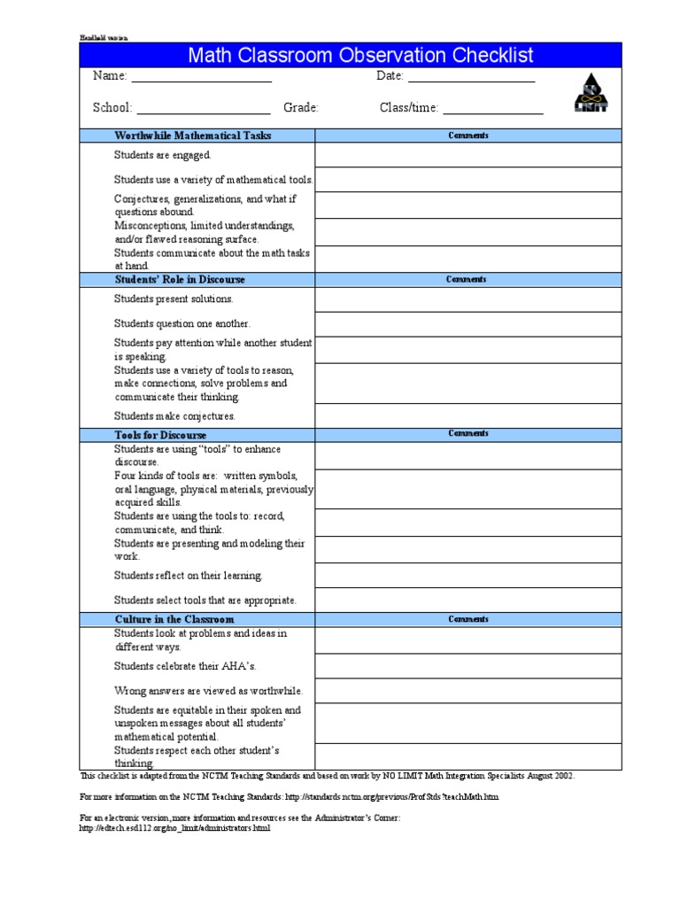 Math Classroom Observation Checklist | PDF | National Council Of ...