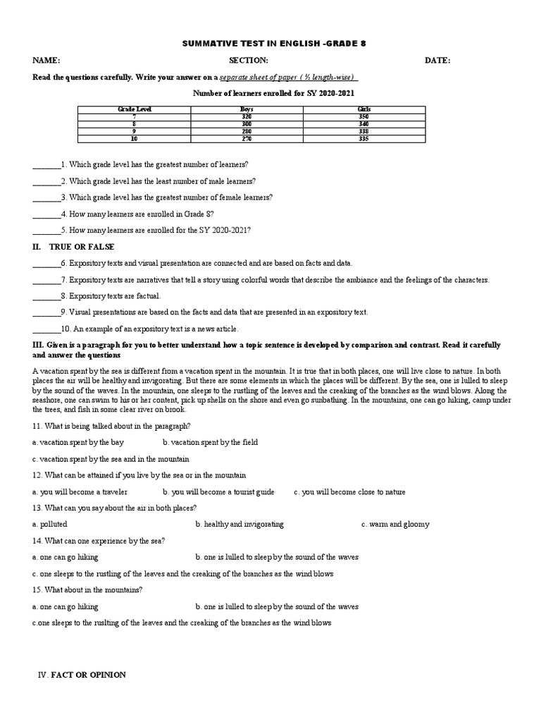 Summative Test English 8 | PDF