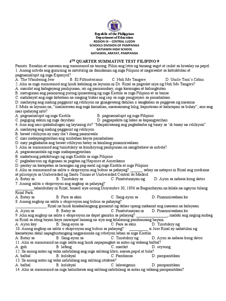 4TH Quarter Summative Filipino 9 | PDF