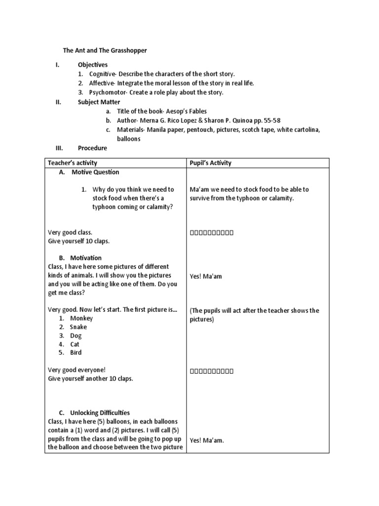 Ant and Grasshopper: Lesson Plan | PDF