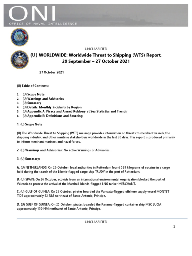 U.S. Navy Office of Naval Intelligence Worldwide Threat To Shipping ...
