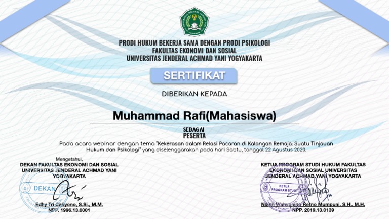 E Sertifikat Webinar Kekerasan Dalam Relasi Pacaran - Muhammad Rafi ...