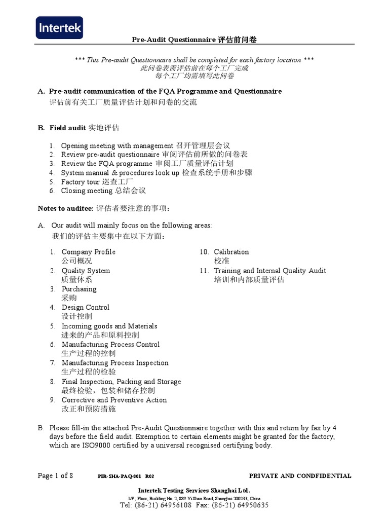 This Pre-Audit Questionnaire Shall Be Completed For Each Factory ...