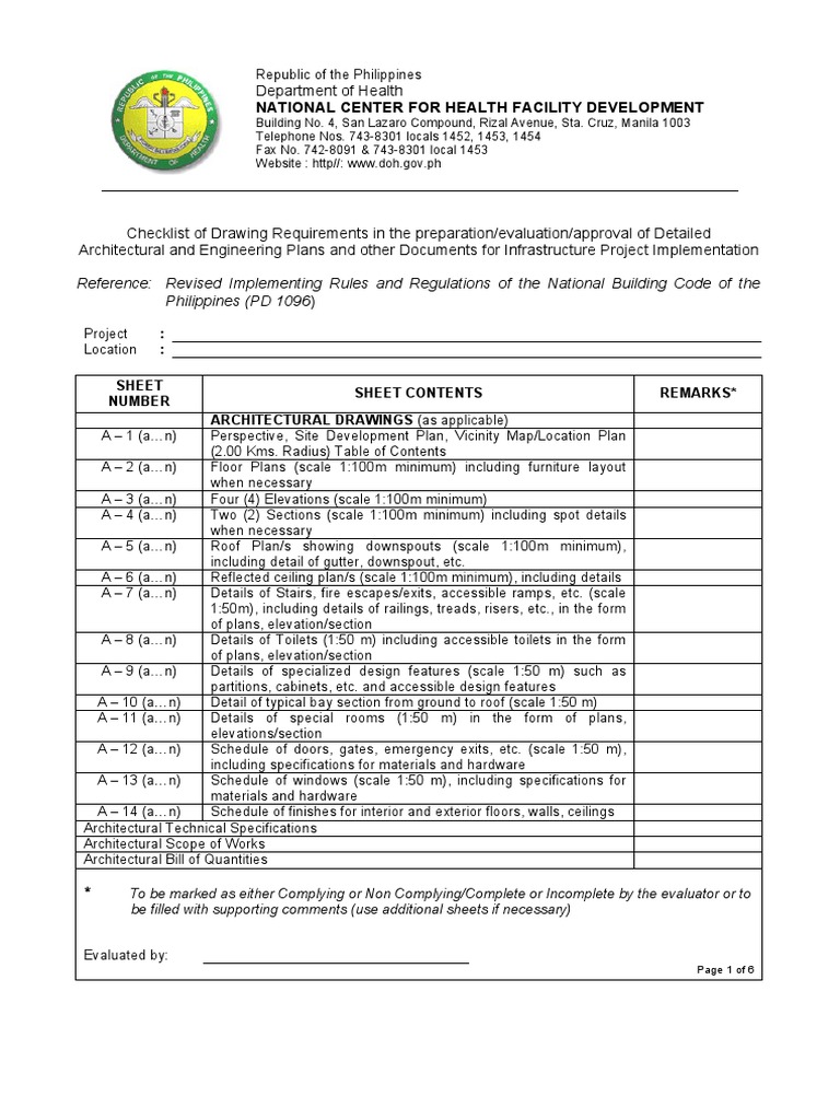 DOH Drawing Checklist | PDF | Specification (Technical Standard) | Manila