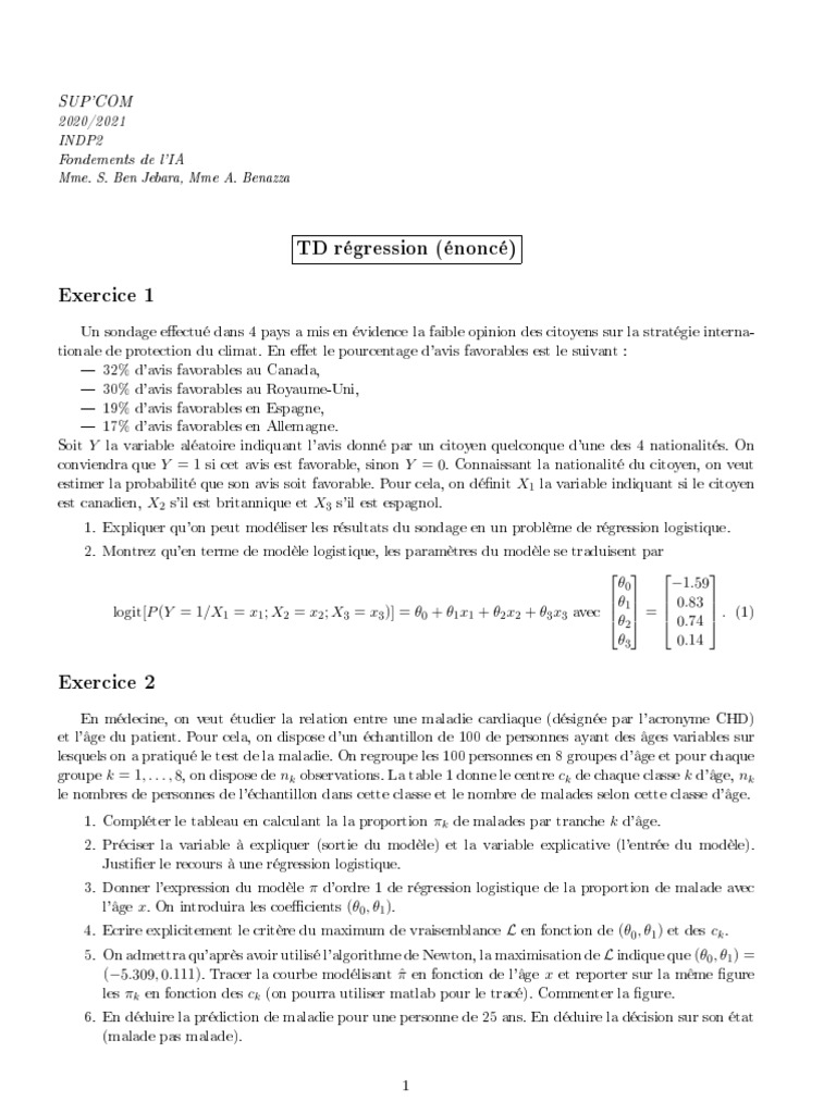 Exercices de régression logistique IA | PDF | Analyse de régression ...