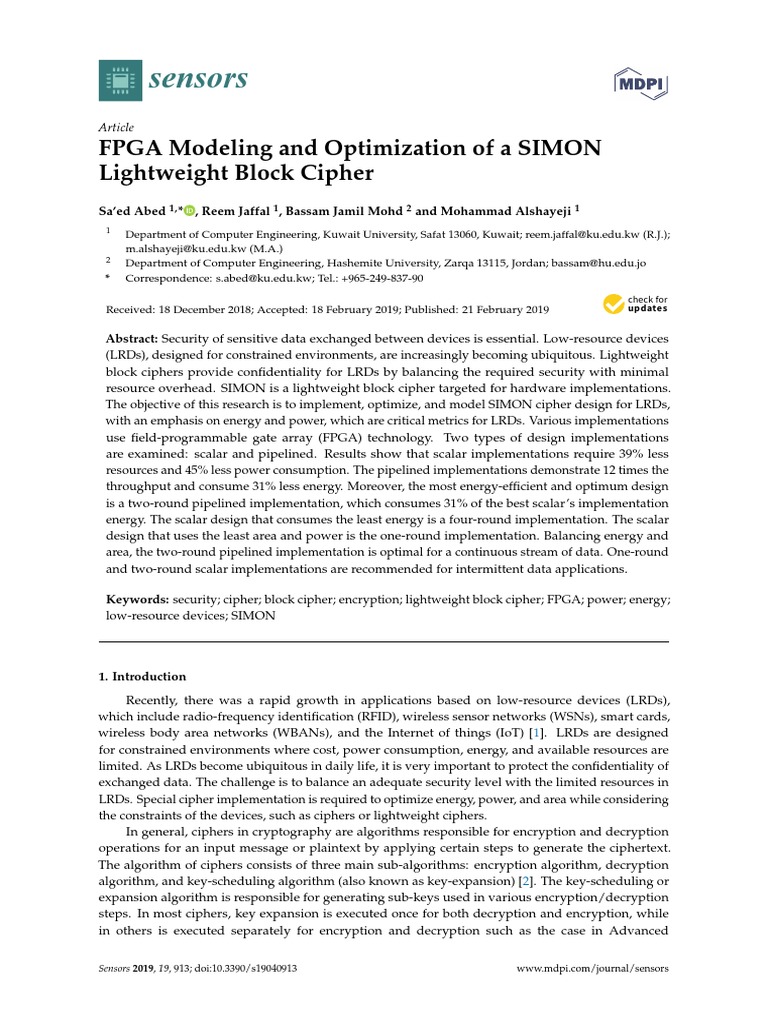 Sensors: FPGA Modeling and Optimization of A SIMON Lightweight Block ...