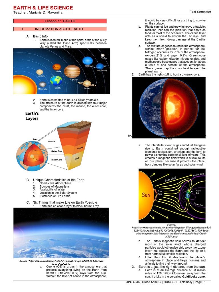 Earth & Life Science: Teacher: Maricris D. Ravanilla Lesson 1: EARTH ...