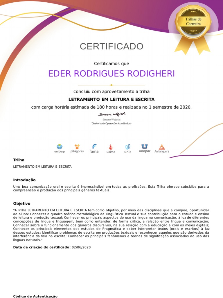 Certificado LETRAMENTO EM LEITURA E ESCRITA | PDF