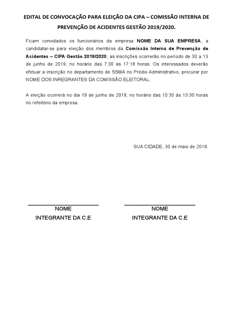 Passo 4 - Edital de Convocação para Eleição Da Cipa | PDF Passo 4 - Edital de Convocação para Eleição Da Cipa | PDF