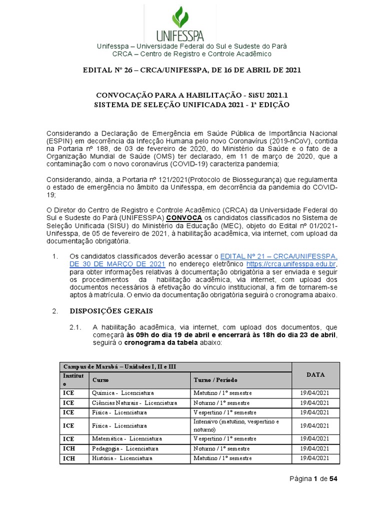 Edital N 26crca Unifesspa de 16 D Abril de 2021-r1 Compressed | PDF | Academia