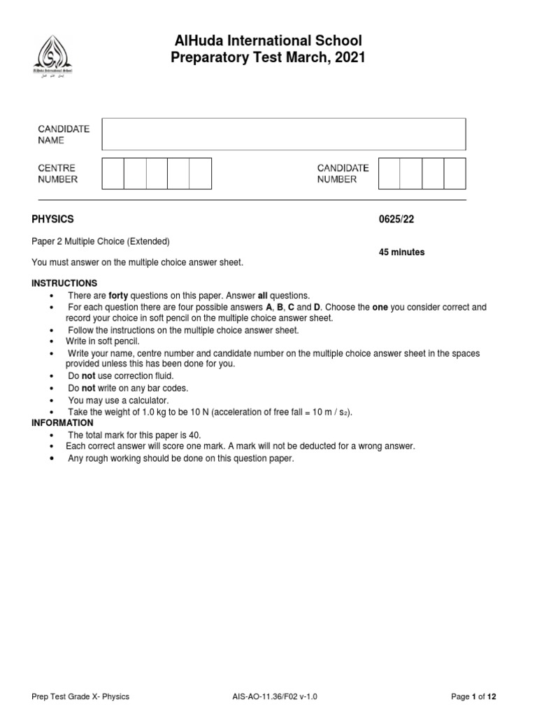 Grade 10 Physics Prep Test Paper 2 | PDF | Teaching Methods & Materials ...