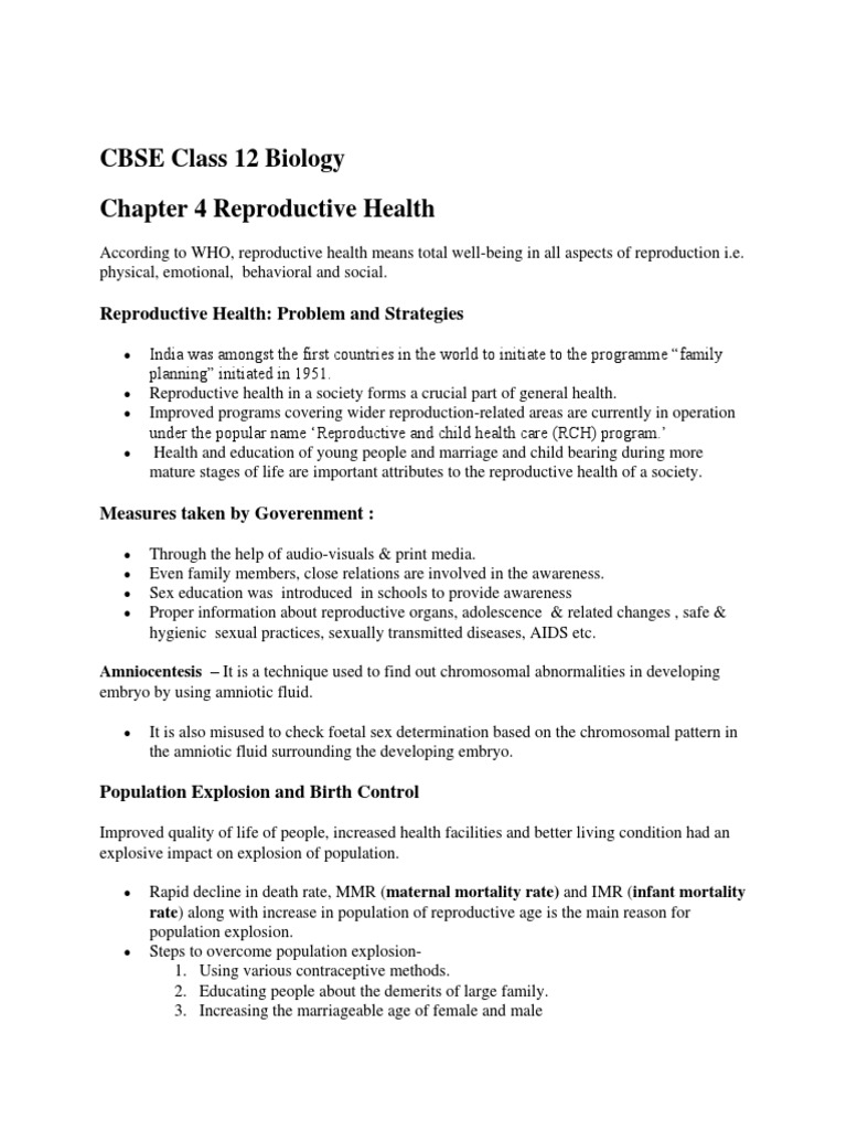 Chapter 4 - Reproductive Health Notes | PDF | Birth Control | Sexually ...