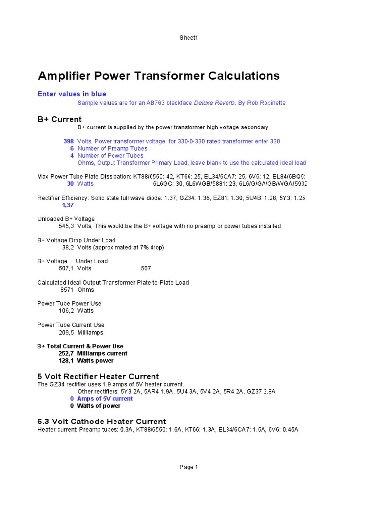 Amplifier Power Transformer Calculations: B+ Current | PDF