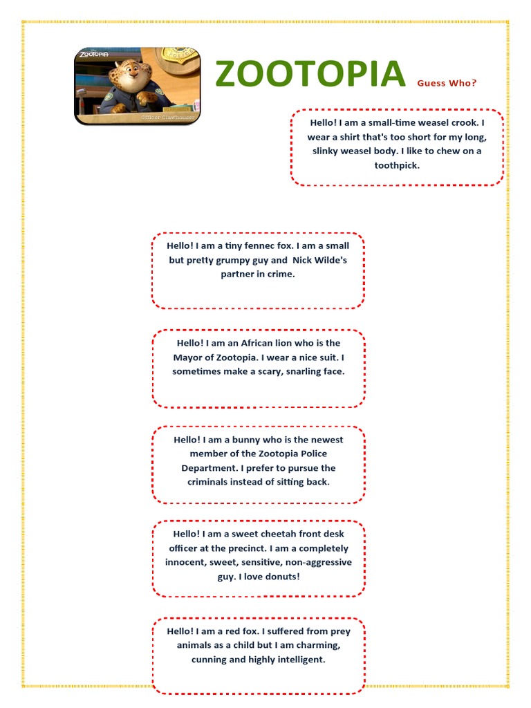 Zootopia Guess Who and Grammar Activities Grammar Drills Reading ...