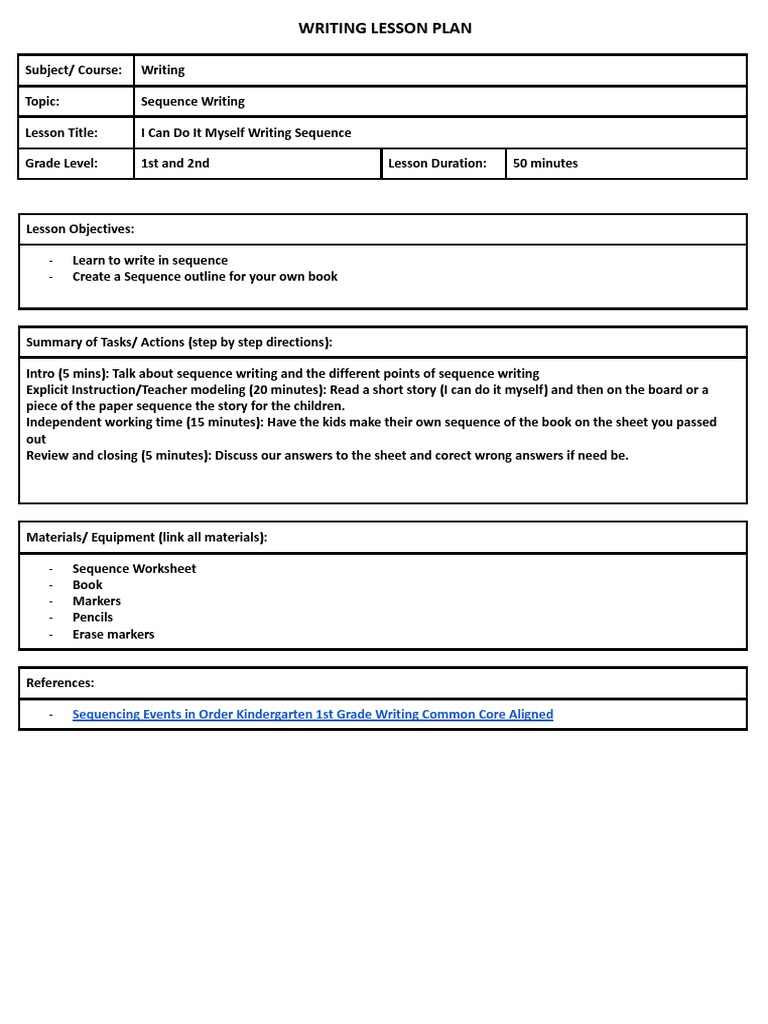 Writing Lesson Plan: Sequencing Events in Order Kindergarten 1st Grade ...