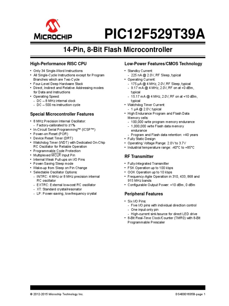PIC12F529T39A: 14-Pin, 8-Bit Flash Microcontroller | PDF | Flash Memory | Microcontroller