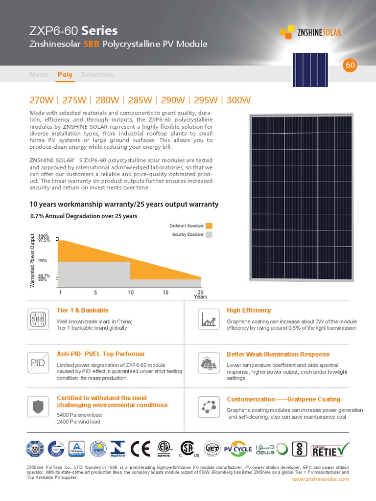 275W ZXP6-60 275W-280W | PDF | Photovoltaics | Solar Panel