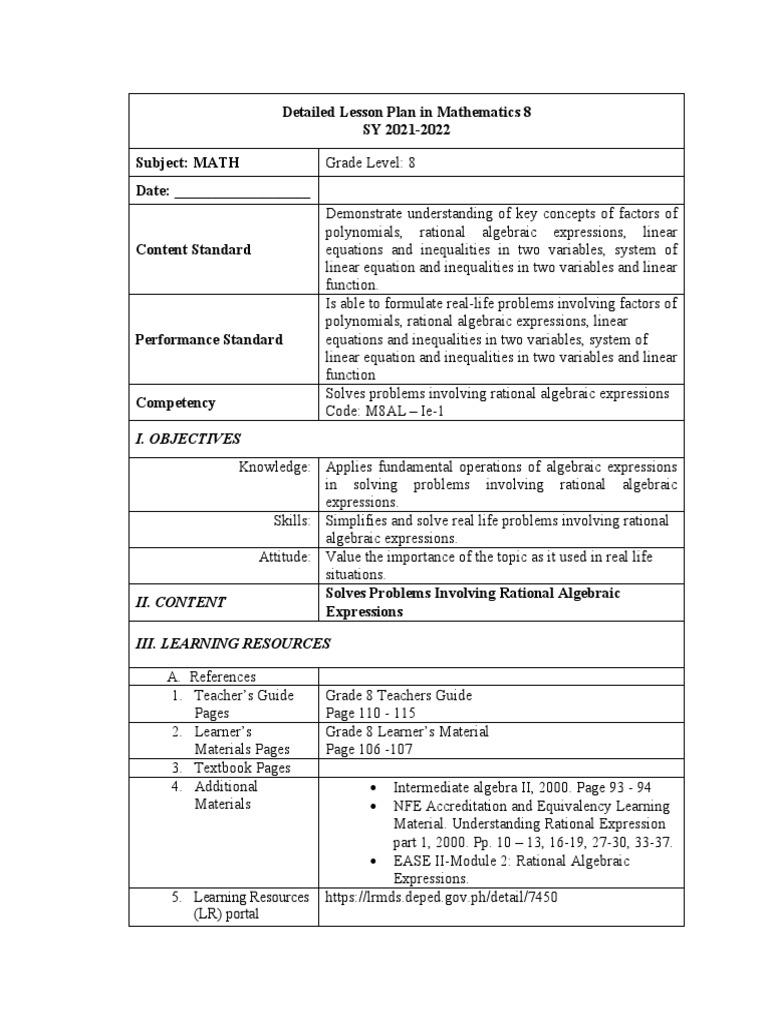 Mastering Rational Algebraic Expressions: A Comprehensive Lesson Plan ...