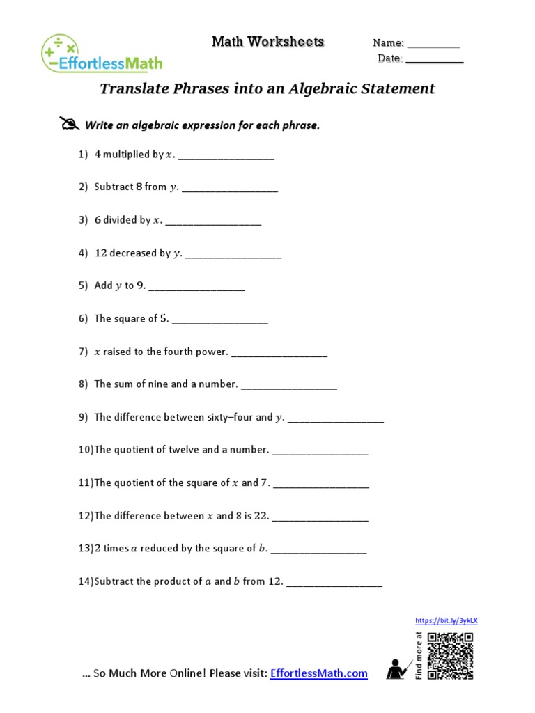 Translate Phrases Into An Algebraic Statement | PDF