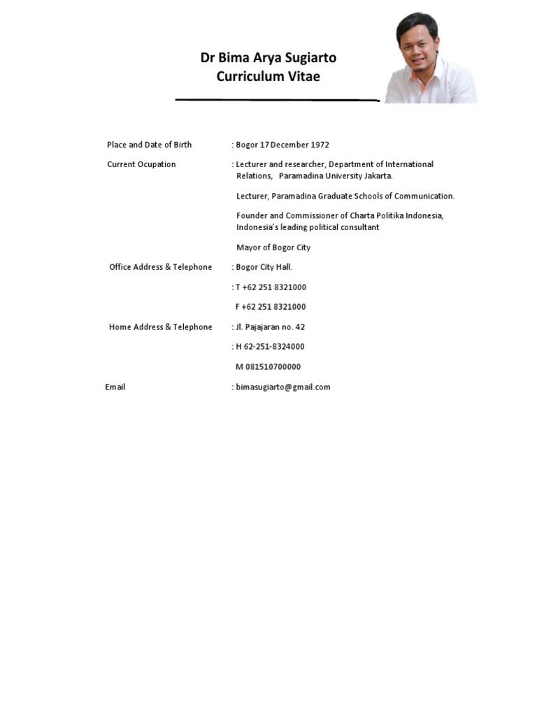 DR Bima Arya Sugiarto Curriculum Vitae | PDF | Indonesia