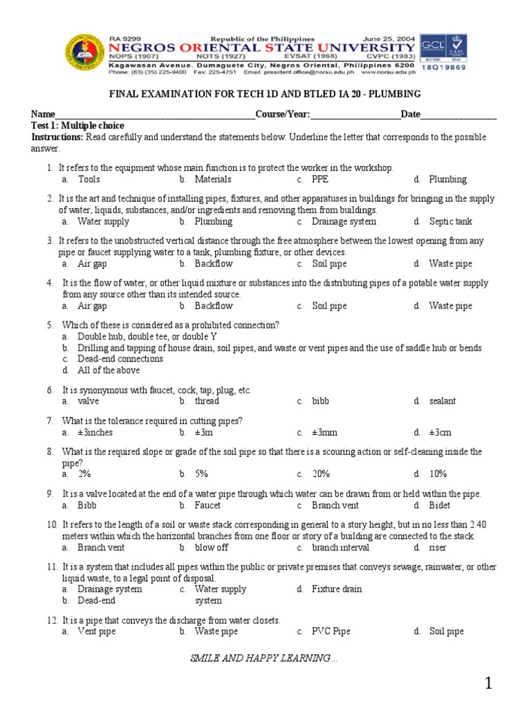 Final Examination For Tech 1d and Btled Ia 20 | PDF | Plumbing | Mechanical Engineering