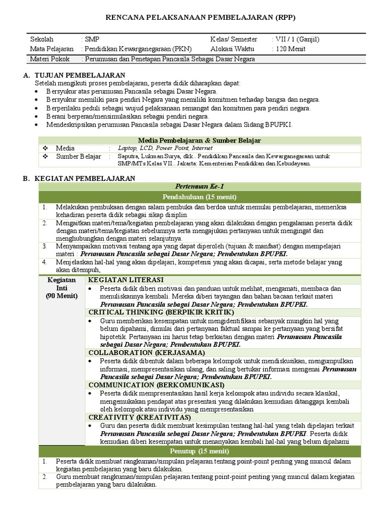 RPP 1 Lembar PKN Kelas 7 Semester 1 | PDF | Kesehatan Holistik