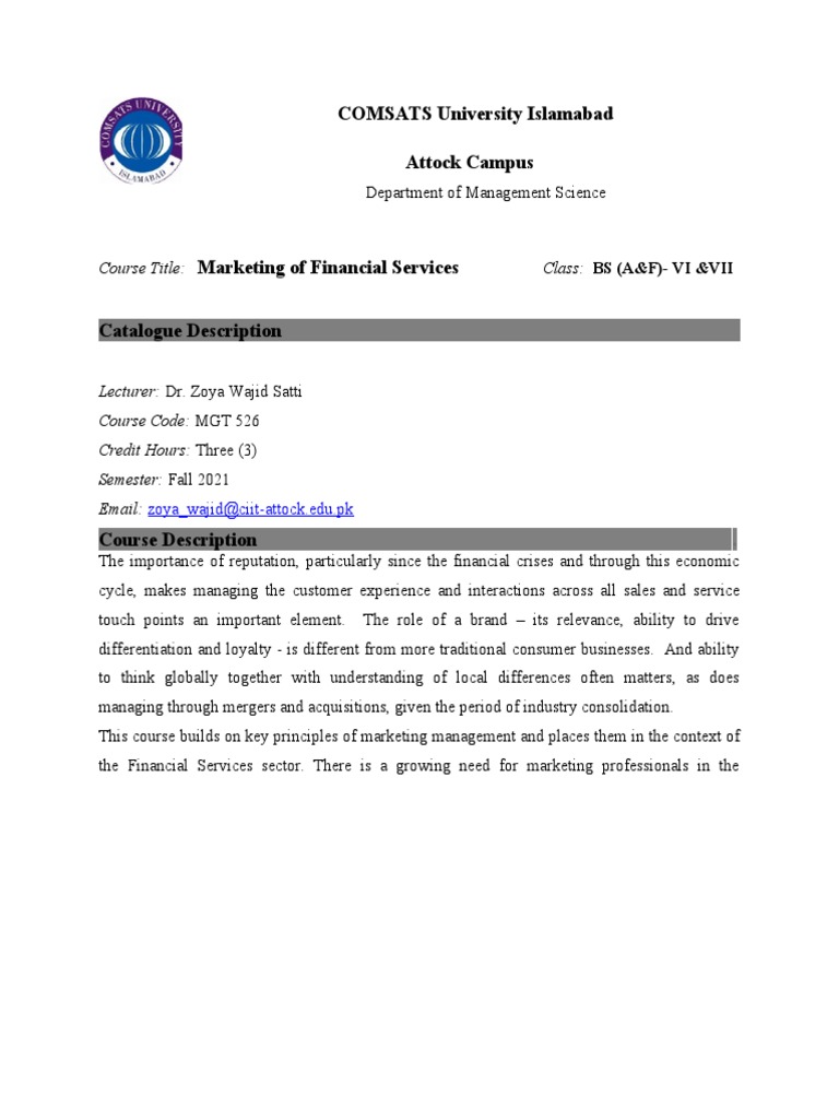 COMSATS University Islamabad Attock Campus: Course Title: Class: BS (A ...